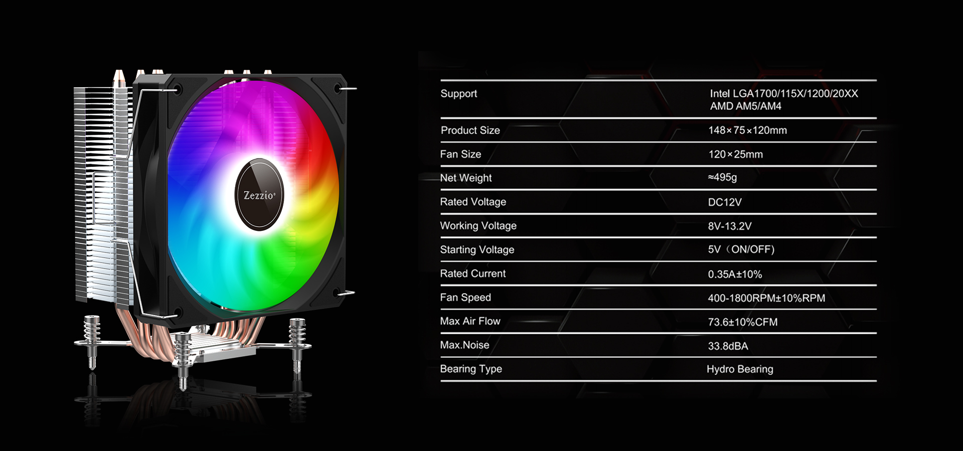 Zezzio ZH-C400 ARGB V2 Black 4 Heat pipe CPU Cooler